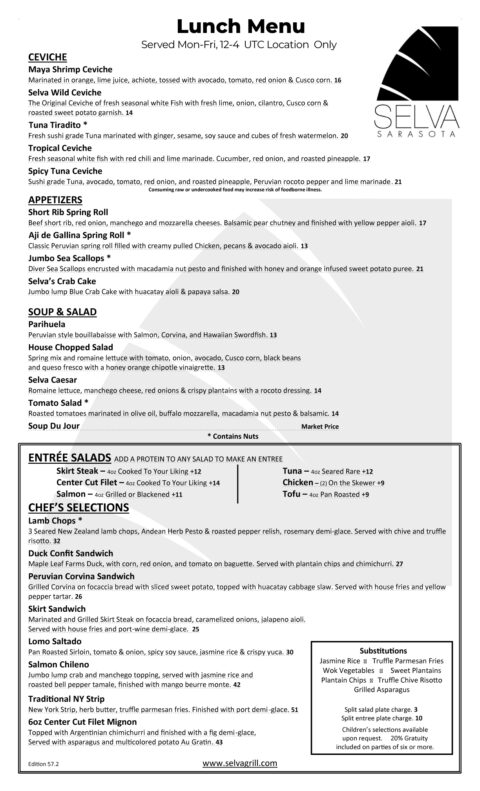 Selva UTC Lunch Menu | Selva Grill Sarasota